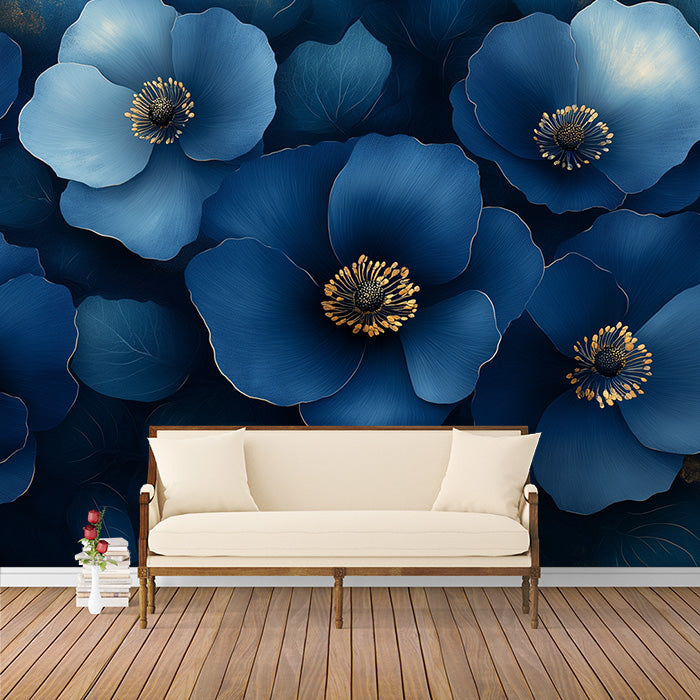 Blue Flower Mural Wallpaper for a living room | Blue, Gold and White F ...