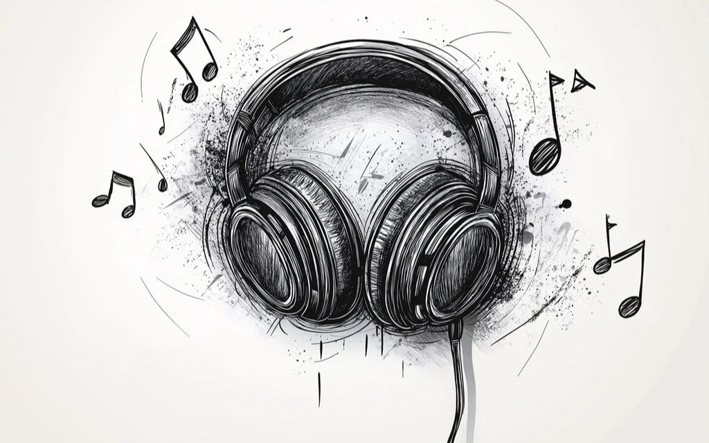 Music Mural Wallpaper | Headphones and Floating Musical Notes Sketch ...