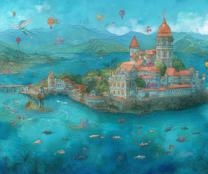 Fantastical Island Kingdom Wallpaper | Hot Air Balloons & Marine L ...