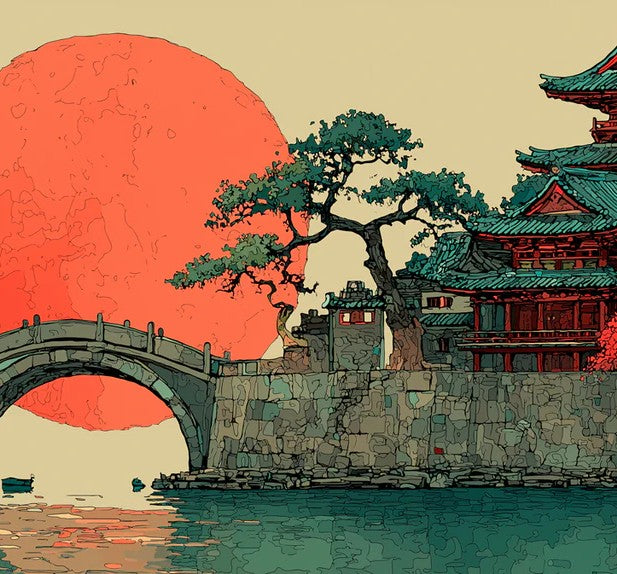 Vibrant Japanese Temple Landscape Wallpaper | Asian Sunset with Arch B ...