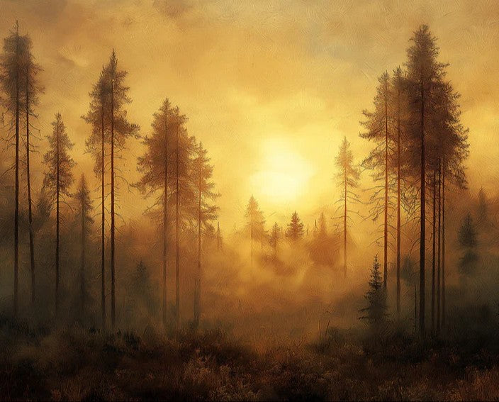 Forest at Sunset Mural Wallpaper in Bedroom | Orange, Yellow, and Blac ...