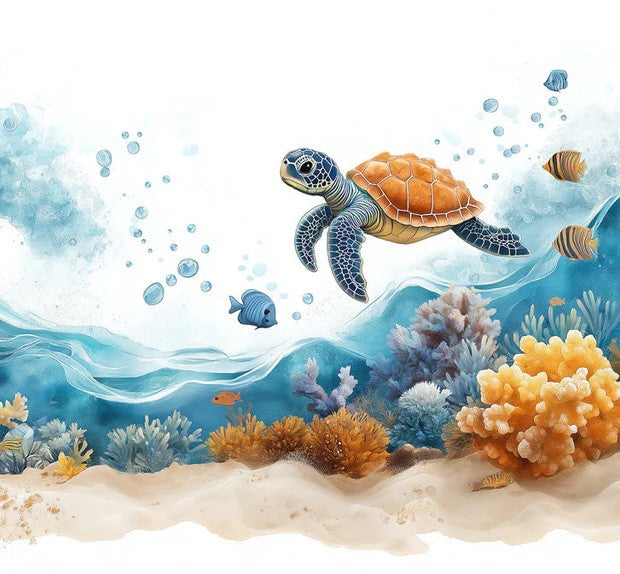 Blue Wave and Seahorse Mural Wallpaper in Playroom | Blue, Orange, and ...