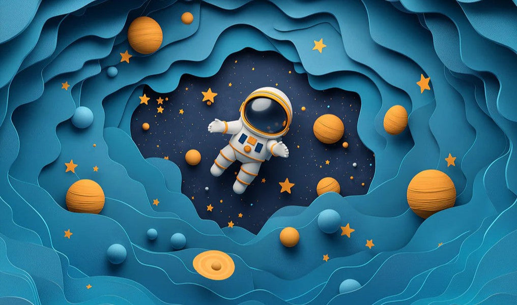 Astronaut in Space Mural Wallpaper in Child's Room | Blue, Orange ...