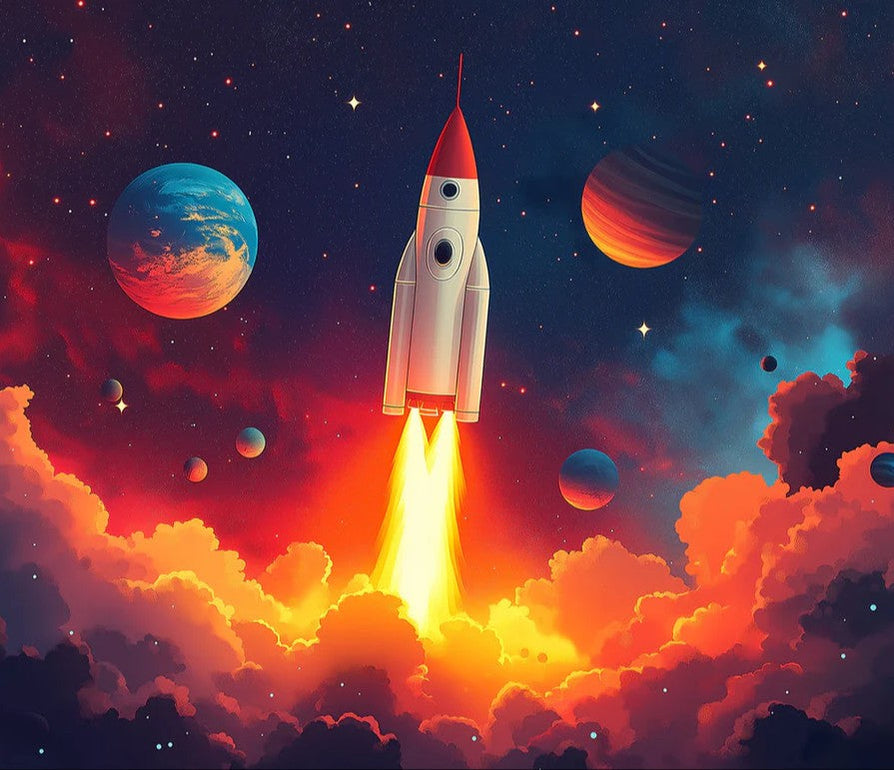 Rocket Launch Mural Wallpaper in Bedroom | Various Colors (Blue, Red ...