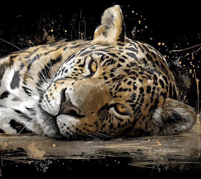 Resting Jaguar Dark Art Mural Wallpaper | Gold Splatter Accents, Inten ...