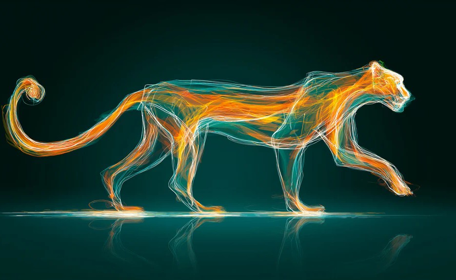 Abstract Fire Cat Spirit Mural Wallpaper | Luminous Line Art, Teal and ...