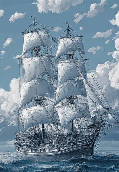 Monochrome Cloud Ship Mural Wallpaper | Cool Blue Sky, Classic Sailing ...