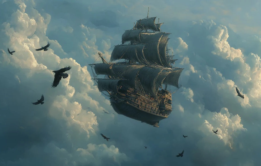 Flying Black Galleon Fantasy Mural Wallpaper | Dark Sky, Fluffy Clouds ...