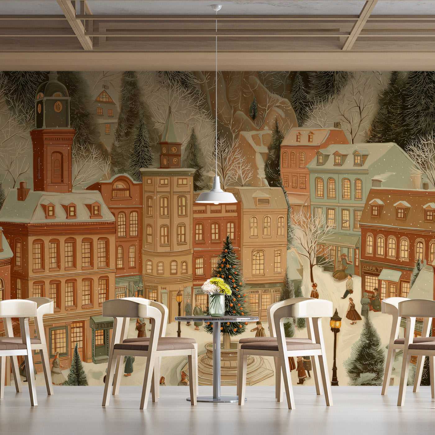 Victorian Town Square Christmas Mural Wallpaper | Storybook Illustrati ...