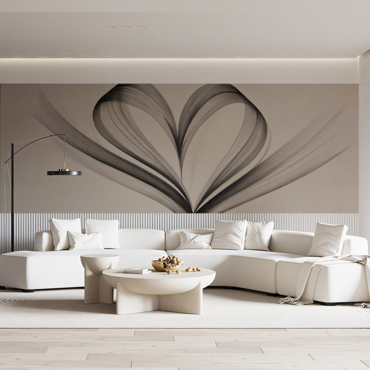 Elegant Ribbon Heart Mural Wallpaper | Pencil Sketch Flow — Vivawalls Store