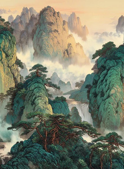 Emerald Peak Chinese Shanshui Landscape Mural | Traditional Zen Nature ...
