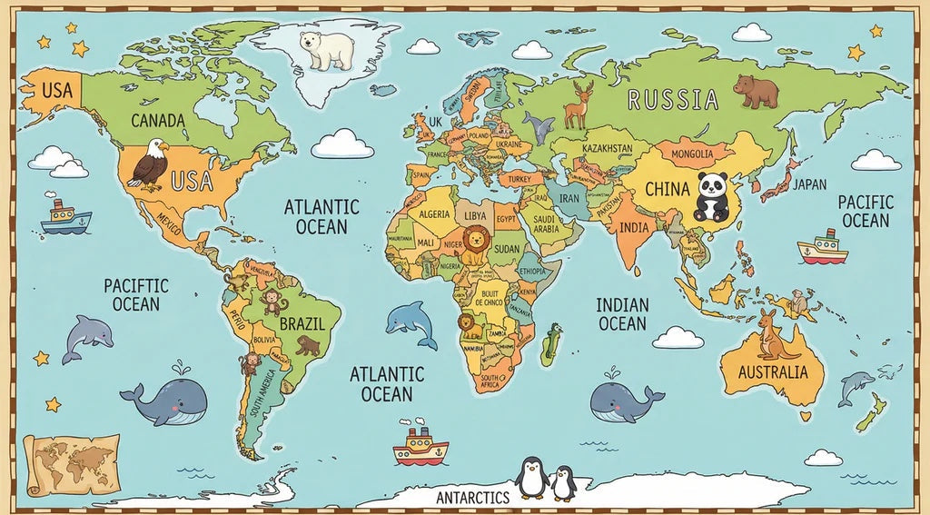 Cartoon Animal World Map Kids Mural | Educational Nursery Exploration ...