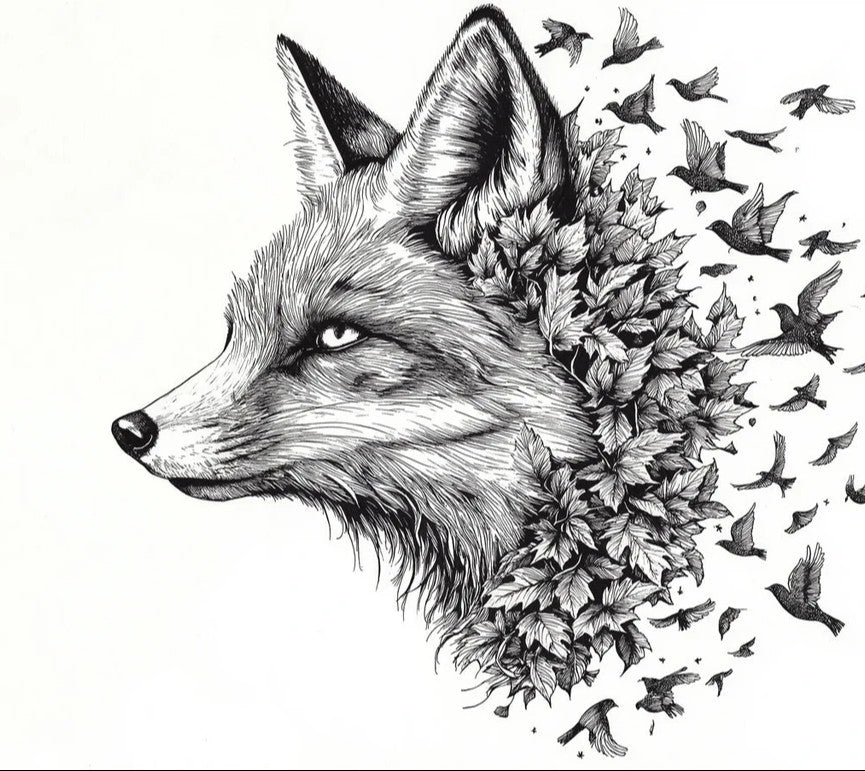 Renard et oiseaux | Renard et oiseaux en noir et blanc — Vivawalls Store
