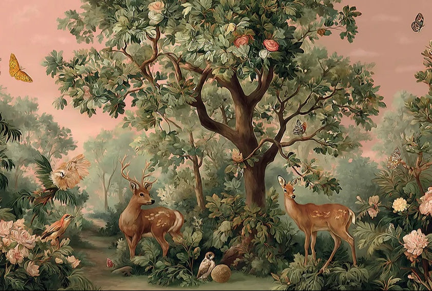 Vintage Botanical Forest and Deer Mural | Classic Nature Illustration ...