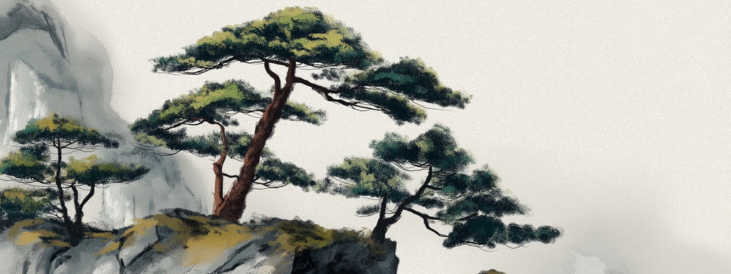 Zen Mountain Pine Ink Sketch Wall Mural | Traditional Oriental Ink Was ...