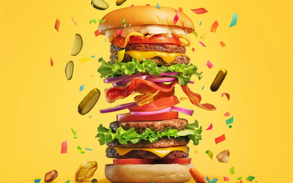 Towering Burger Fiesta Mural Wallpaper | Yellow, Green, Red, Multicolo ...